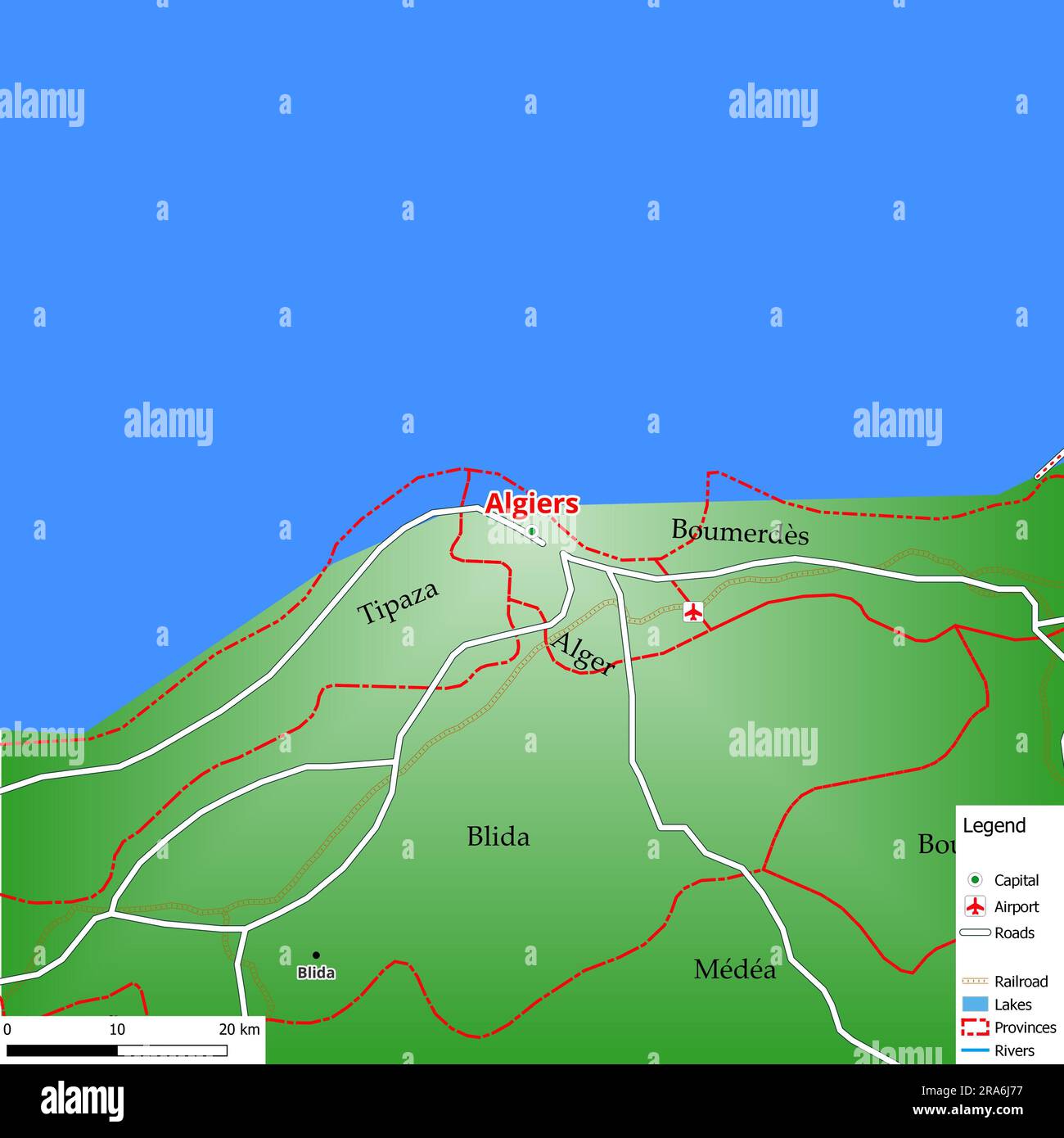 Carte de la capitale Alger avec les rues principales, les rivières, les ...