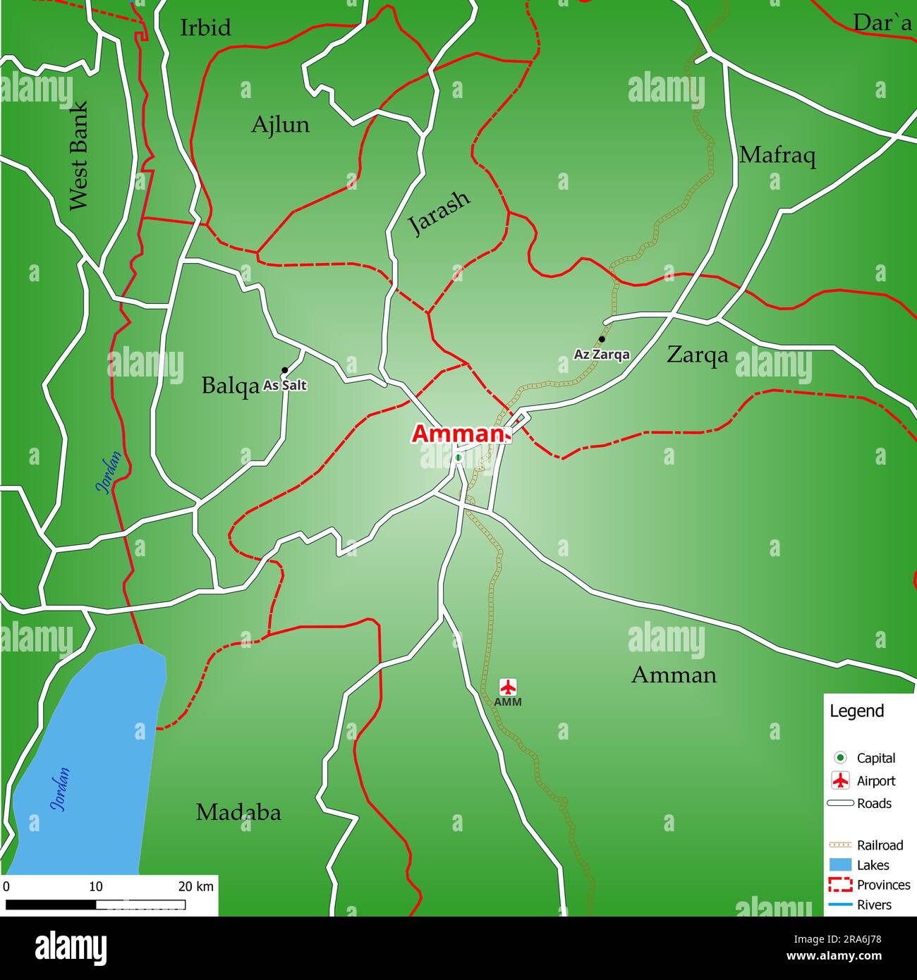 Carte de la capitale Amman avec les rues principales, les rivières, les ...