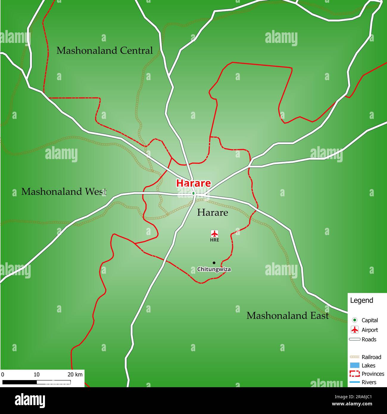 Carte de la capitale Harare avec les rues principales, les rivières ...