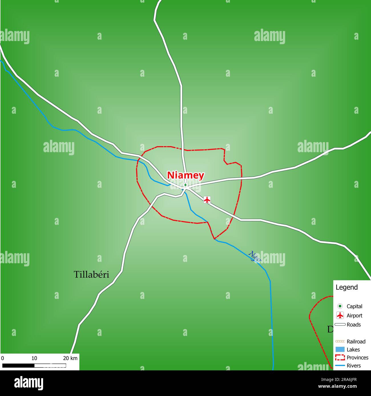 Carte de la capitale Niamey avec les rues principales, les rivières ...