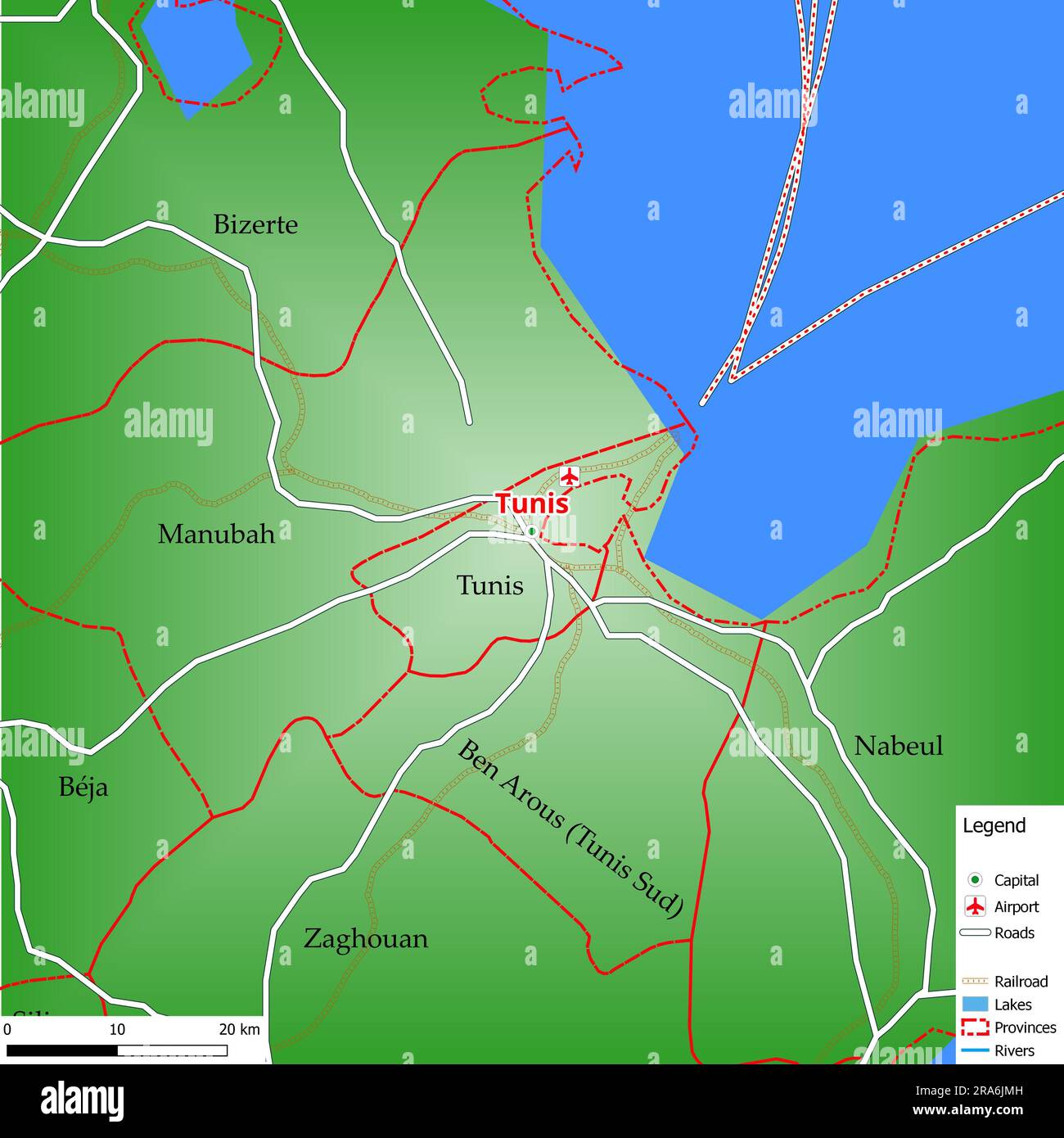 Carte de la capitale Tunis avec les rues principales, les rivières, les ...