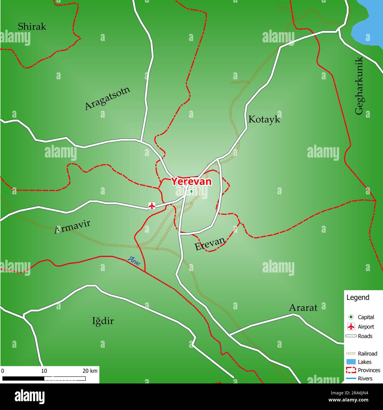 Carte de la capitale Erevan avec les rues principales, les rivières ...