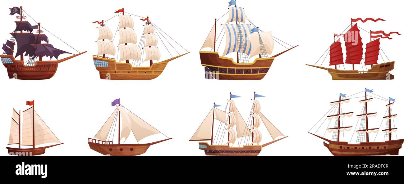 Vieux navires en bois. Dessin animé voilier, bateau à voile pirate ...