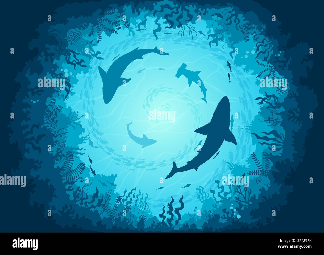 Paysage sous-marin avec requins et bancs de poissons vue de fond. Le ...