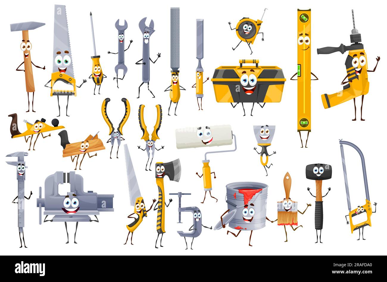 Personnages de dessin animé et d'outil de construction. Instruments de réparation drôles rouleau ...