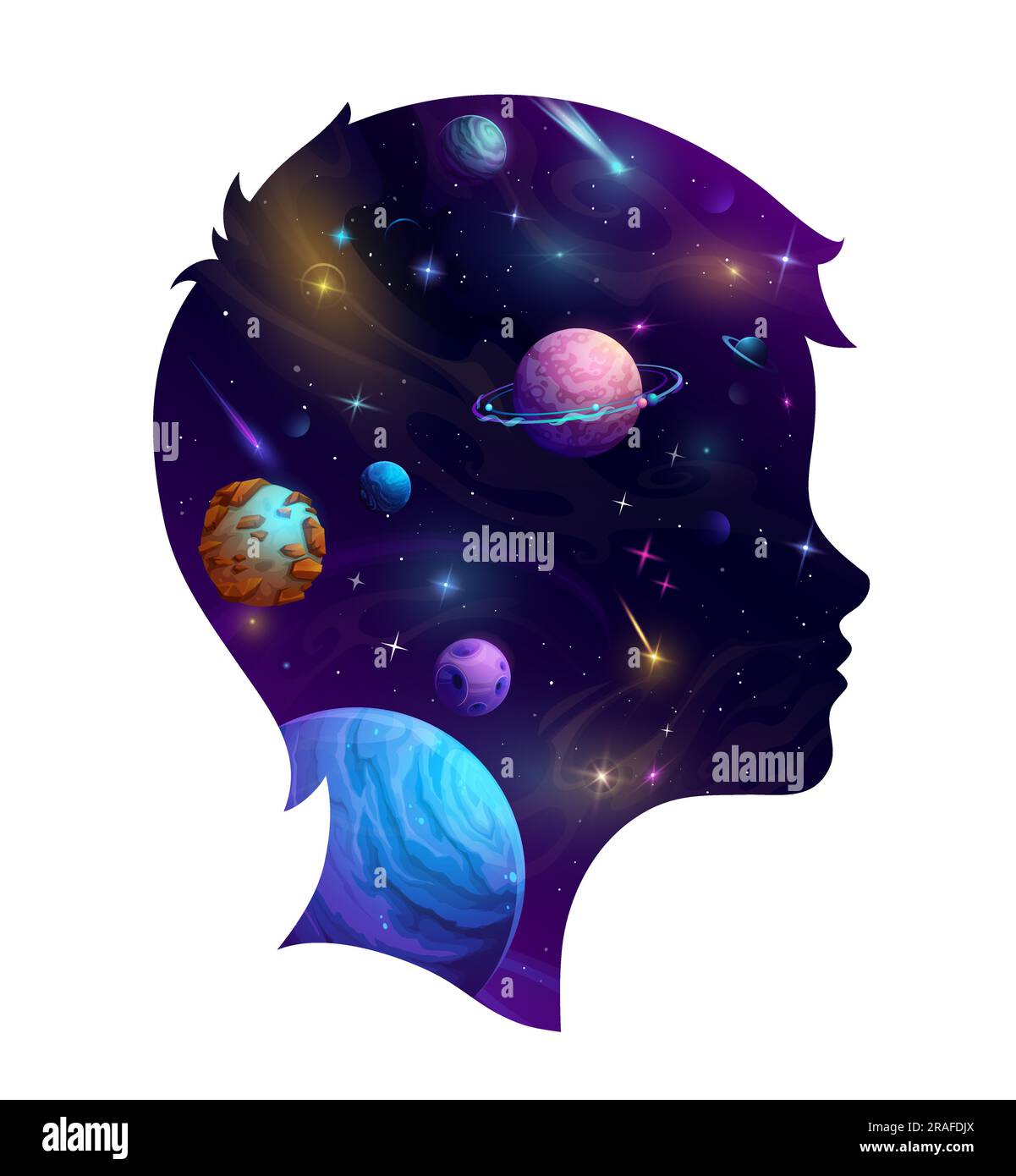Silhouette de tête de garçon et espace galaxie de dessin animé. Double ...