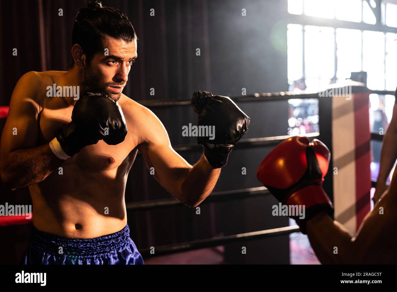 Deux boxers athlétiques et musclés affrontent un match de boxe féroce ...