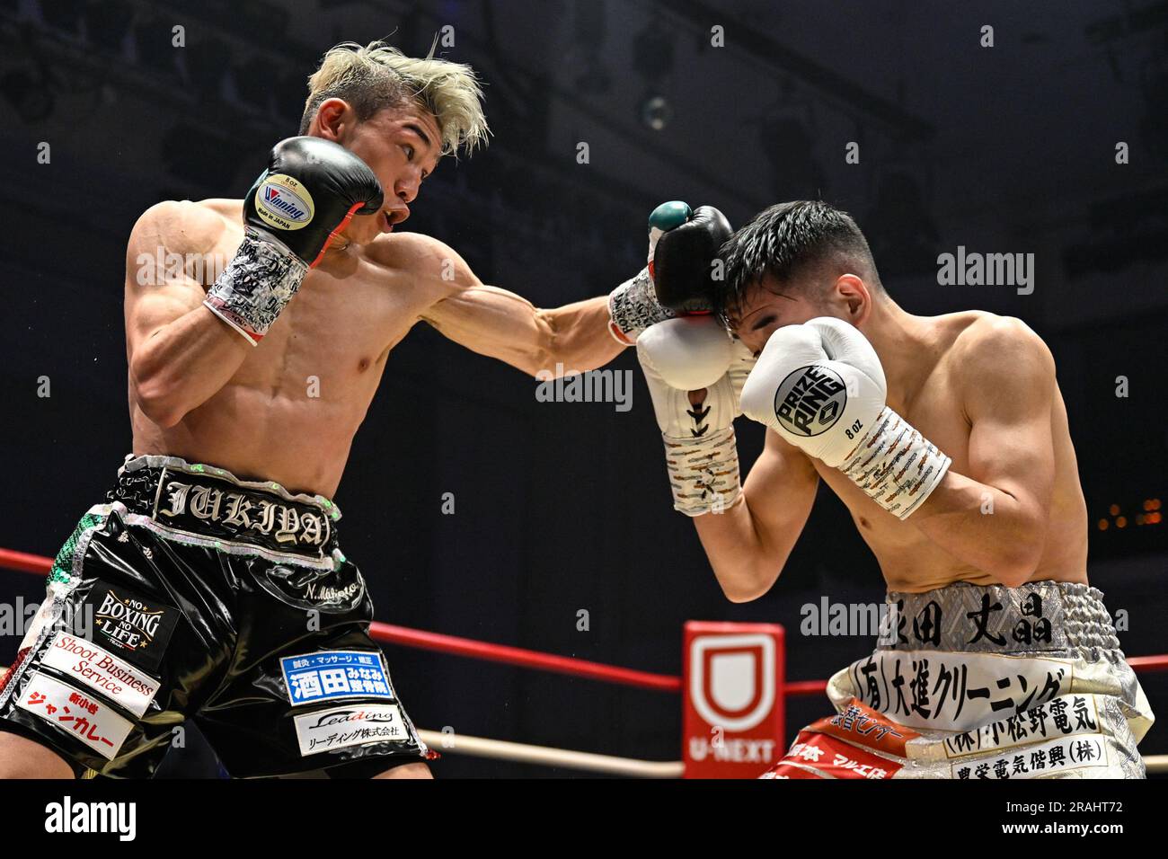 Jukiya Iimura (gants noirs) frappe Josuke Nagata (gants blancs) au second tour lors du combat du ...