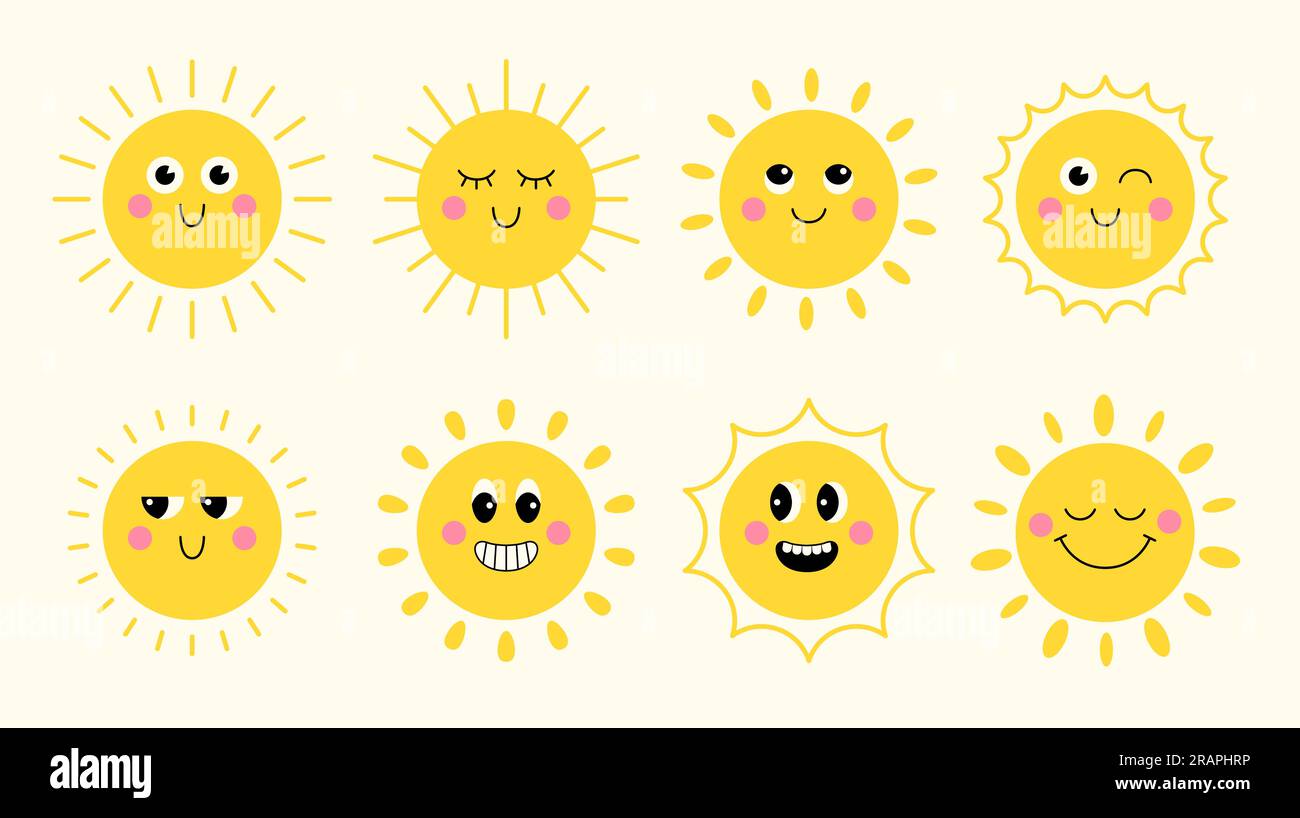 Collection de personnages de soleil de dessin animé groovy mignon. Visages drôles avec des ...