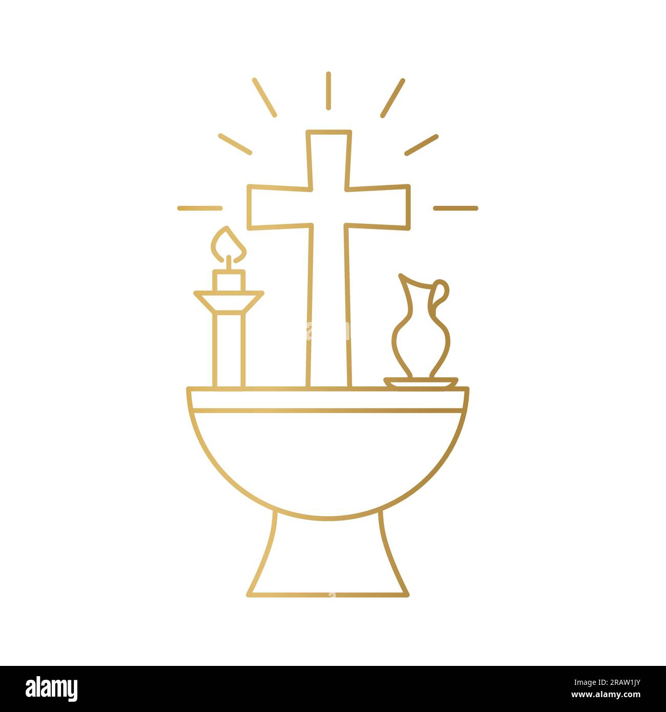 Fonte baptismale dorée avec croix, bougie et pichet, symboles de ...