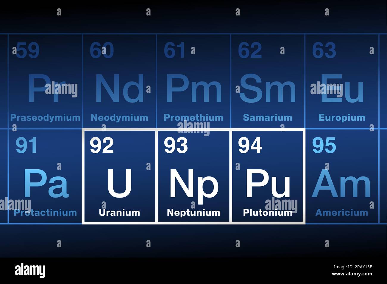Uranium, Neptunium et plutonium dans le tableau périodique. Éléments métalliques radioactifs de ...