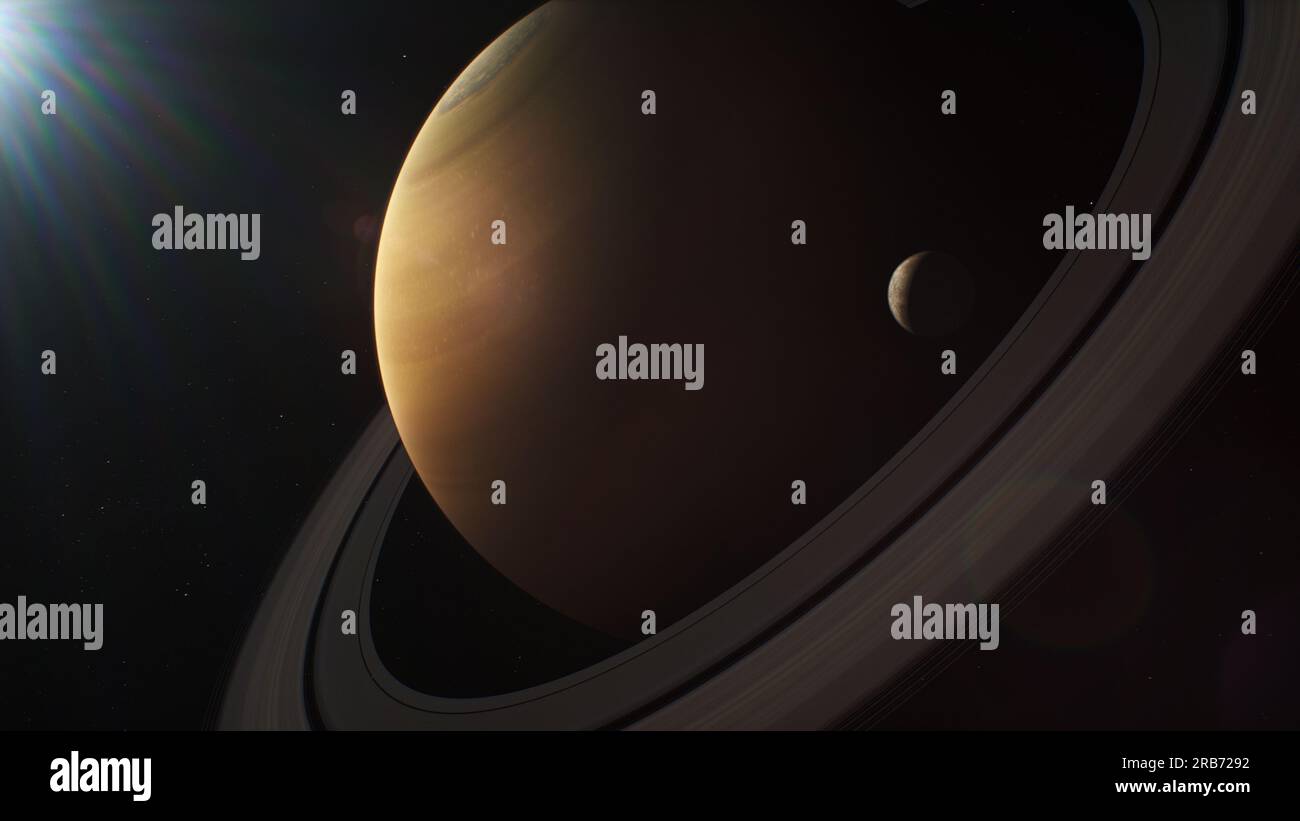 Illustration animation 3D de Saturne et de sa lune Mimas, Dione ou ...