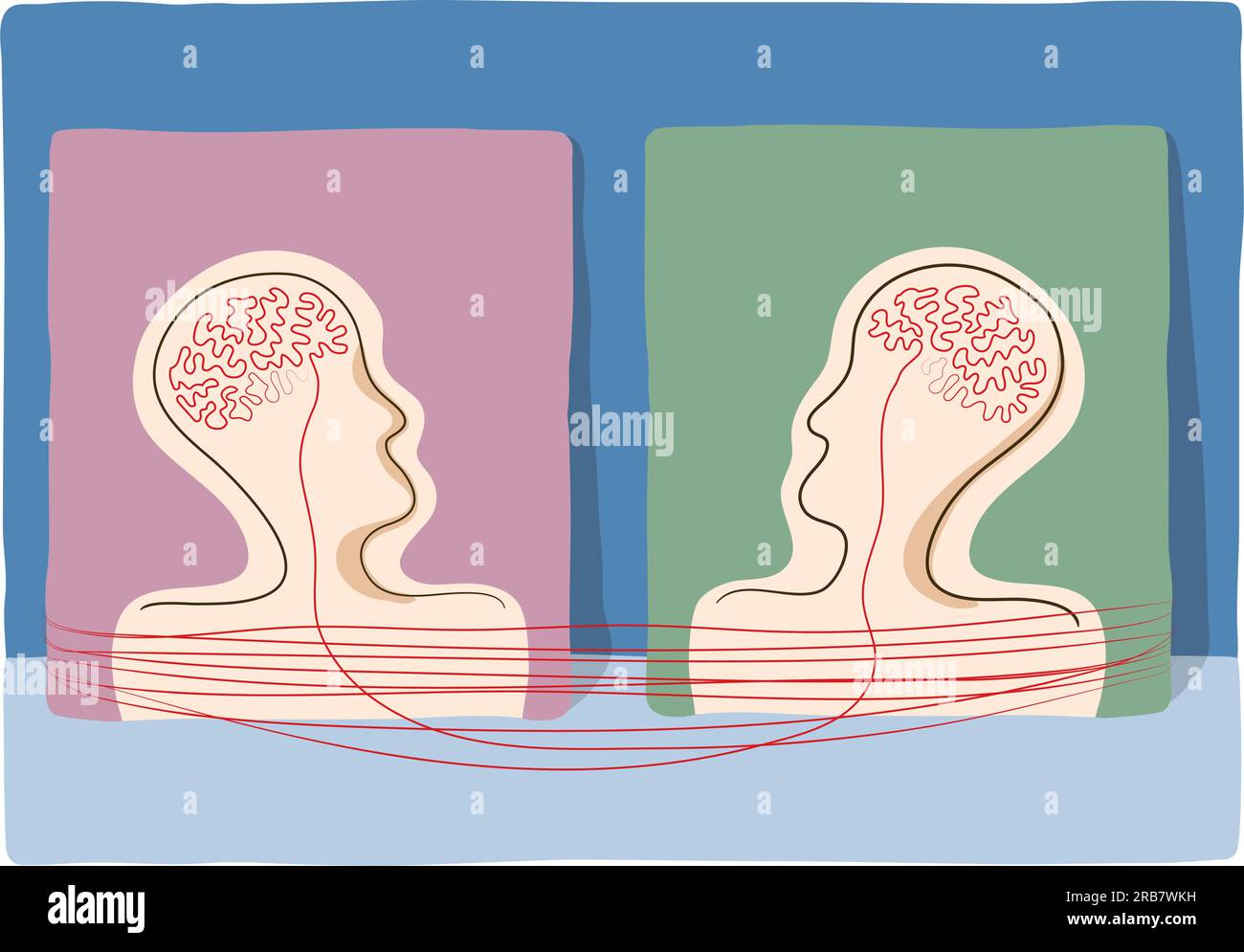 Dessin surréaliste de têtes de profil avec fil en forme de cerveau ...