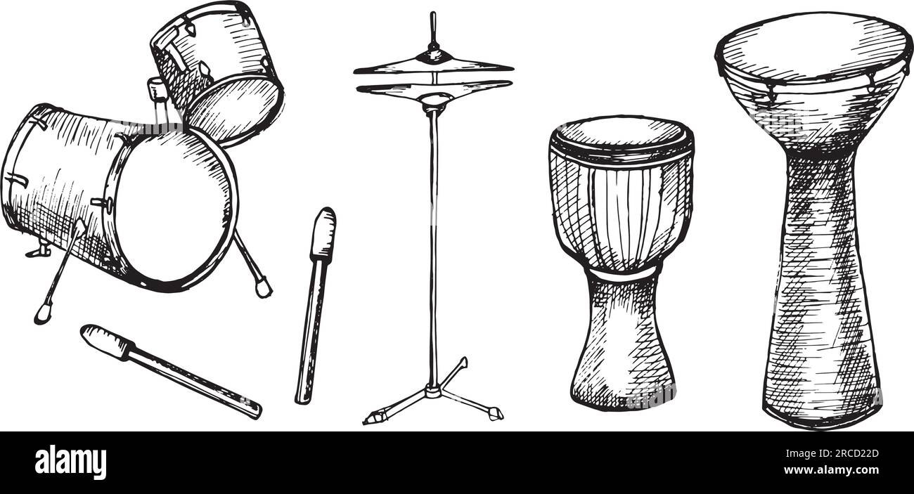 Kit de batterie, illustration vectorielle de pilons isolée. Encre pour ...