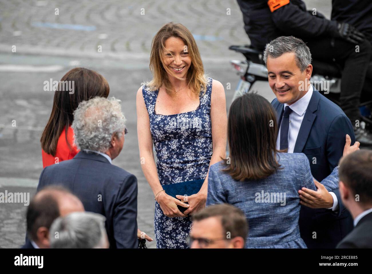 Paris, France, 14 juillet 2023. Gerald Darmanin et son épouse Rose-Marie Devillers lors du ...