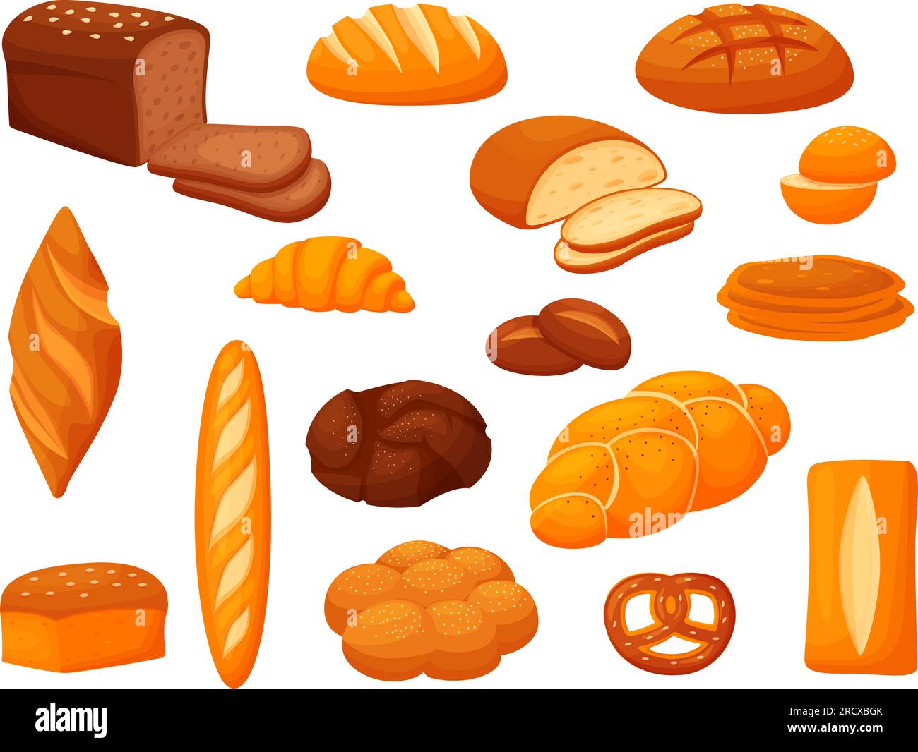 Ensemble de pain de dessin animé. Ciabatta, brioches et pain isolés ...