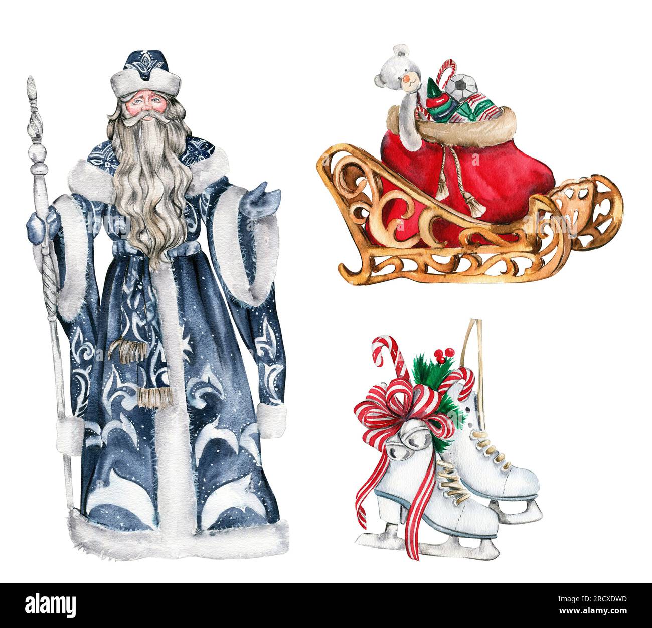 Illustration aquarelle du Père Noël avec bâton de Noël, traîneaux de ...