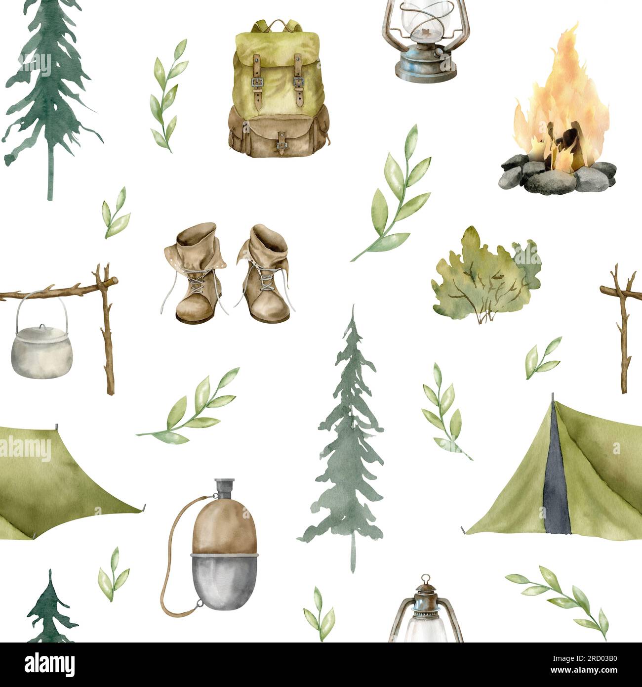 Motif de camping Seamless. Illustration de randonnée dessinée à la main ...