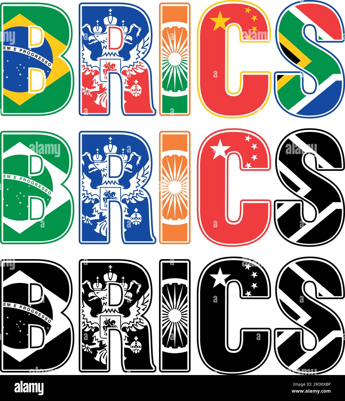 Symboles des drapeaux du sommet BRICS avec des couleurs et noir et ...