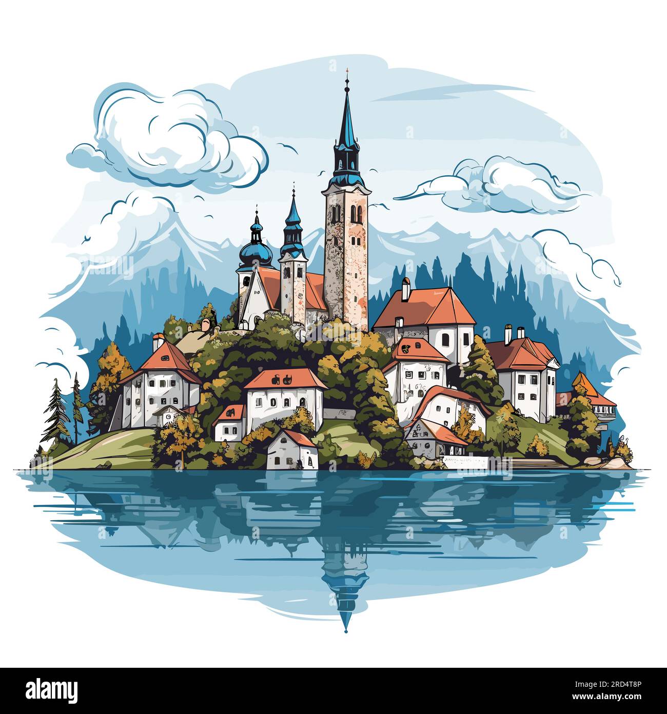 Lake Bled. Illustration dessinée à la main du lac de Bled. Illustration ...