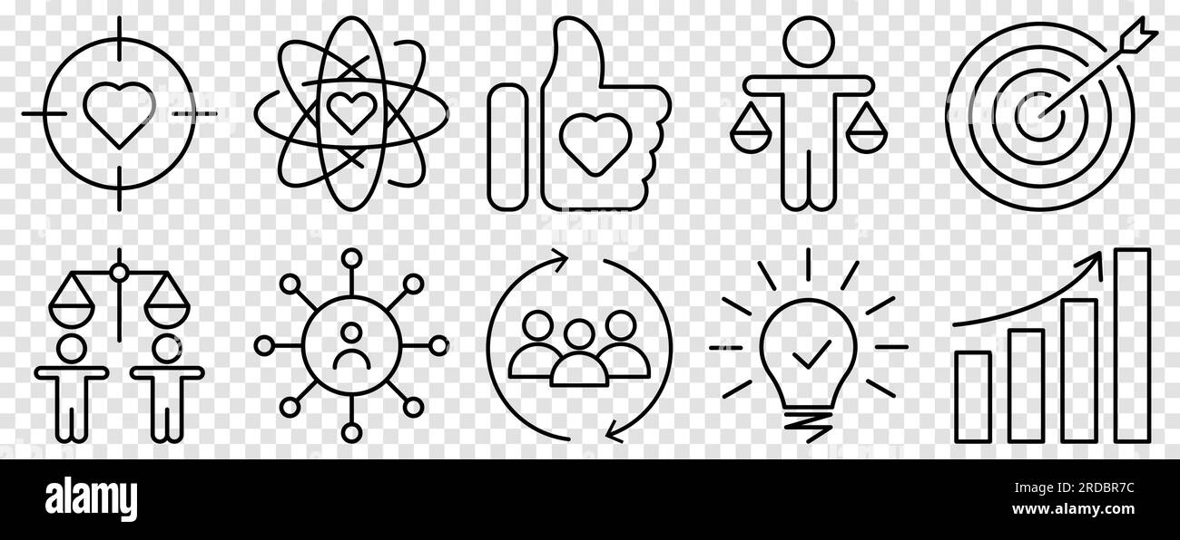 Ensemble d'icônes de ligne de valeurs fondamentales. Illustration vectorielle isolée sur fond ...