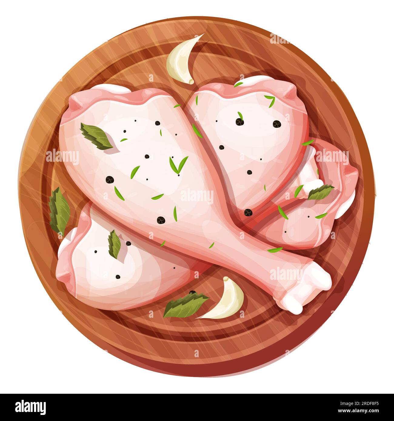 Cuisse de poulet, pilon cru vue de dessus sur une planche ronde en bois ...