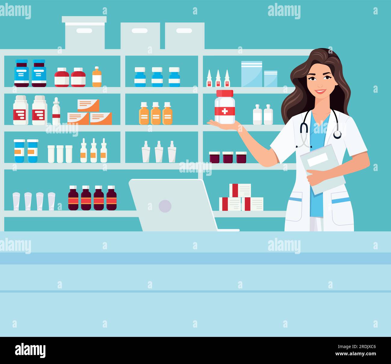 pharmacie avec infirmière dans le comptoir. illustration vectorielle de ...