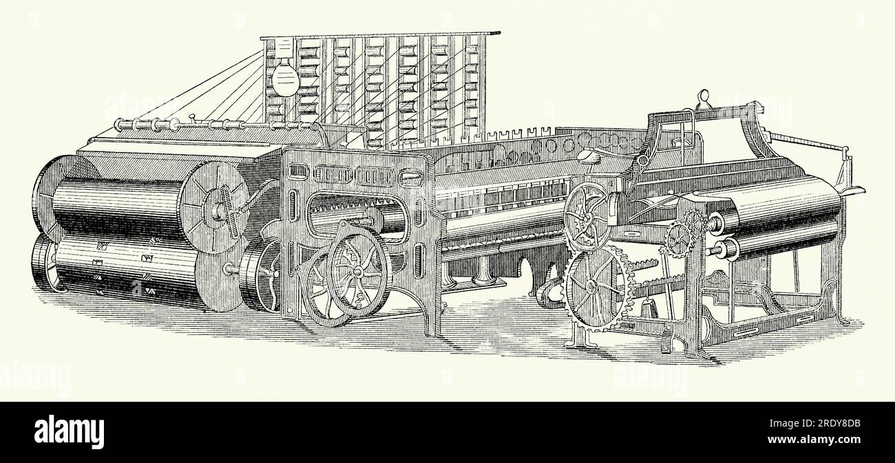Une ancienne gravure d'un ourdissoir (à gauche), d'une bobineuse (au ...