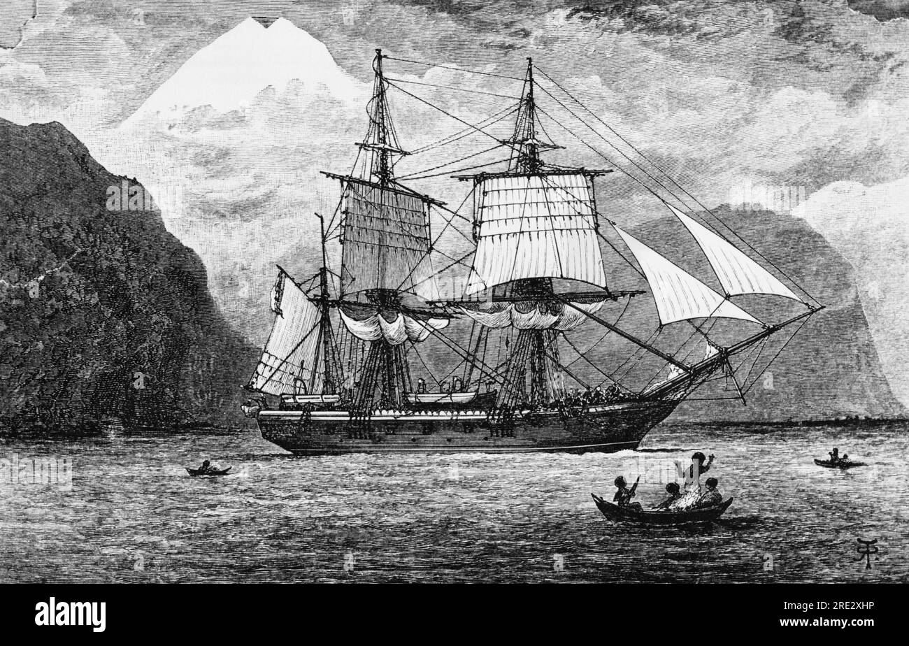 Argentine : 1832 Un croquis au crayon du H.M.S. Beagle dans le détroit ...