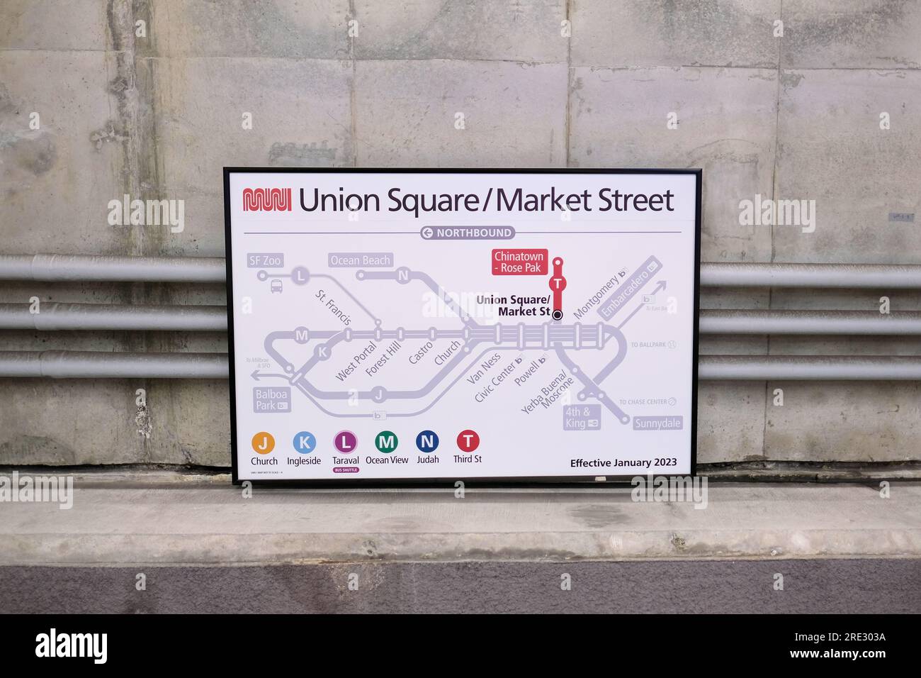 Carte de l'itinéraire du train MUNI à la station de métro Union Square / Market Street à Union ...