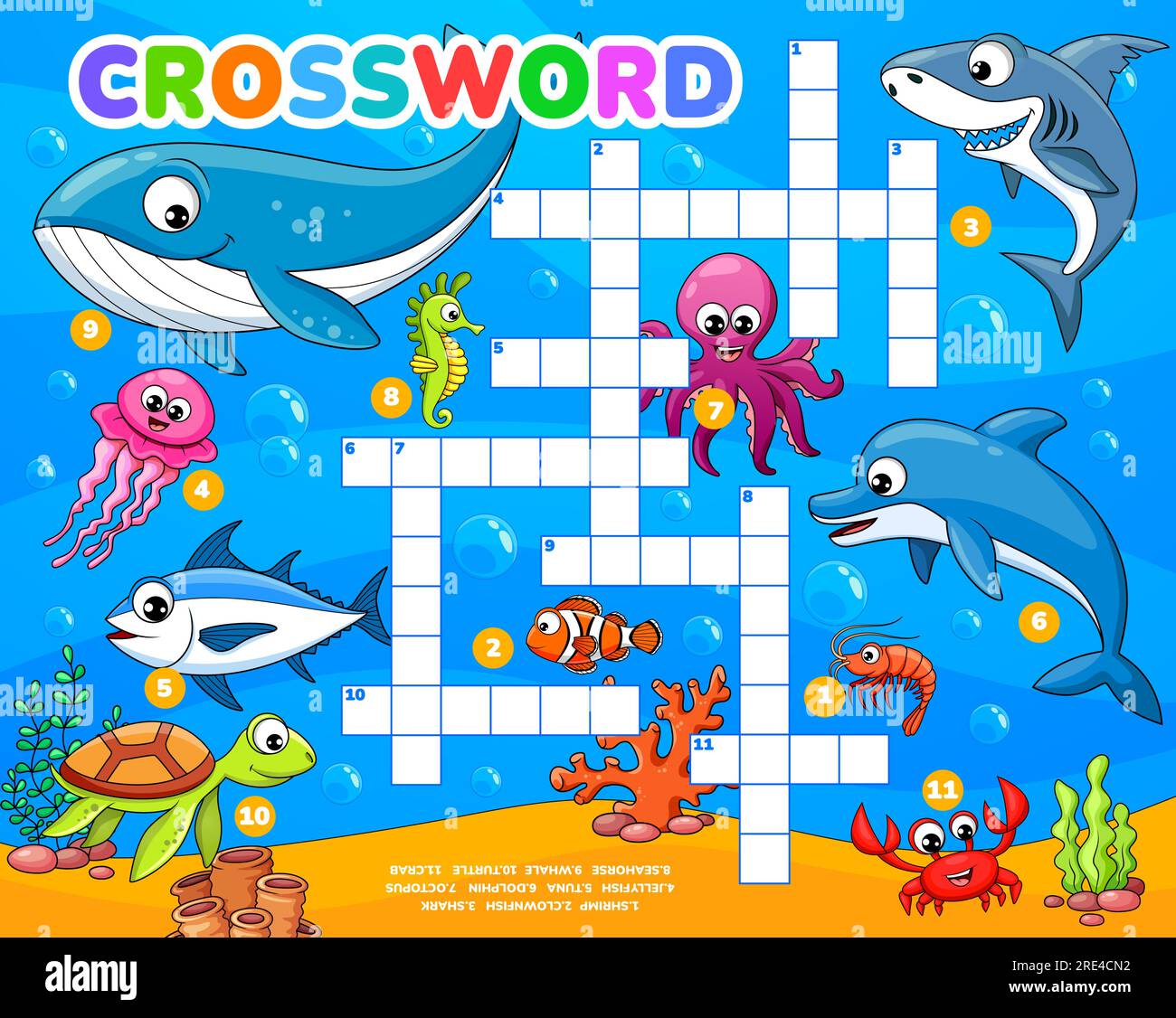 Dessin animé animaux sous-marins drôles et feuille de calcul de grille ...