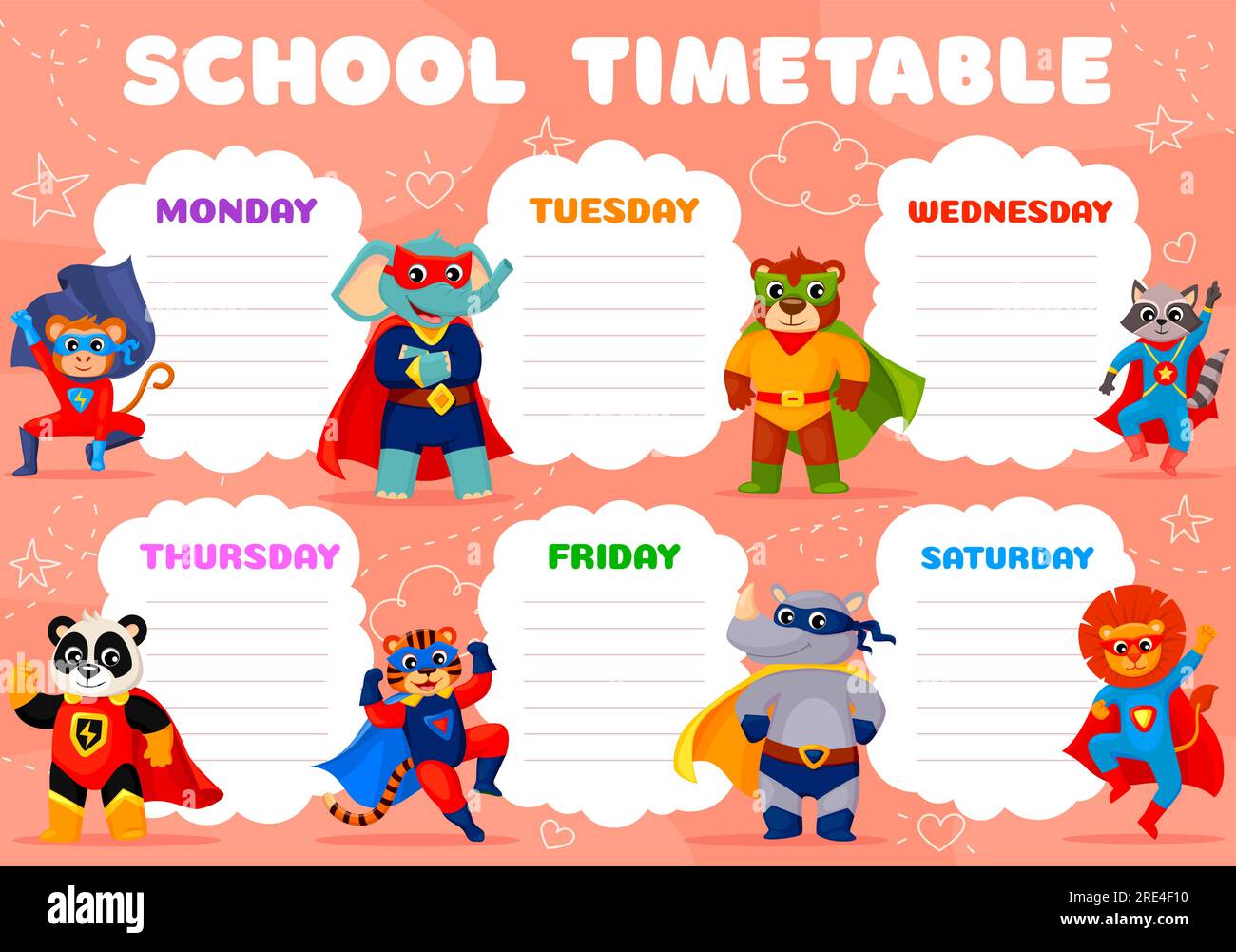 Horaire de l'école, personnages animaux de super-héros de dessin animé ...