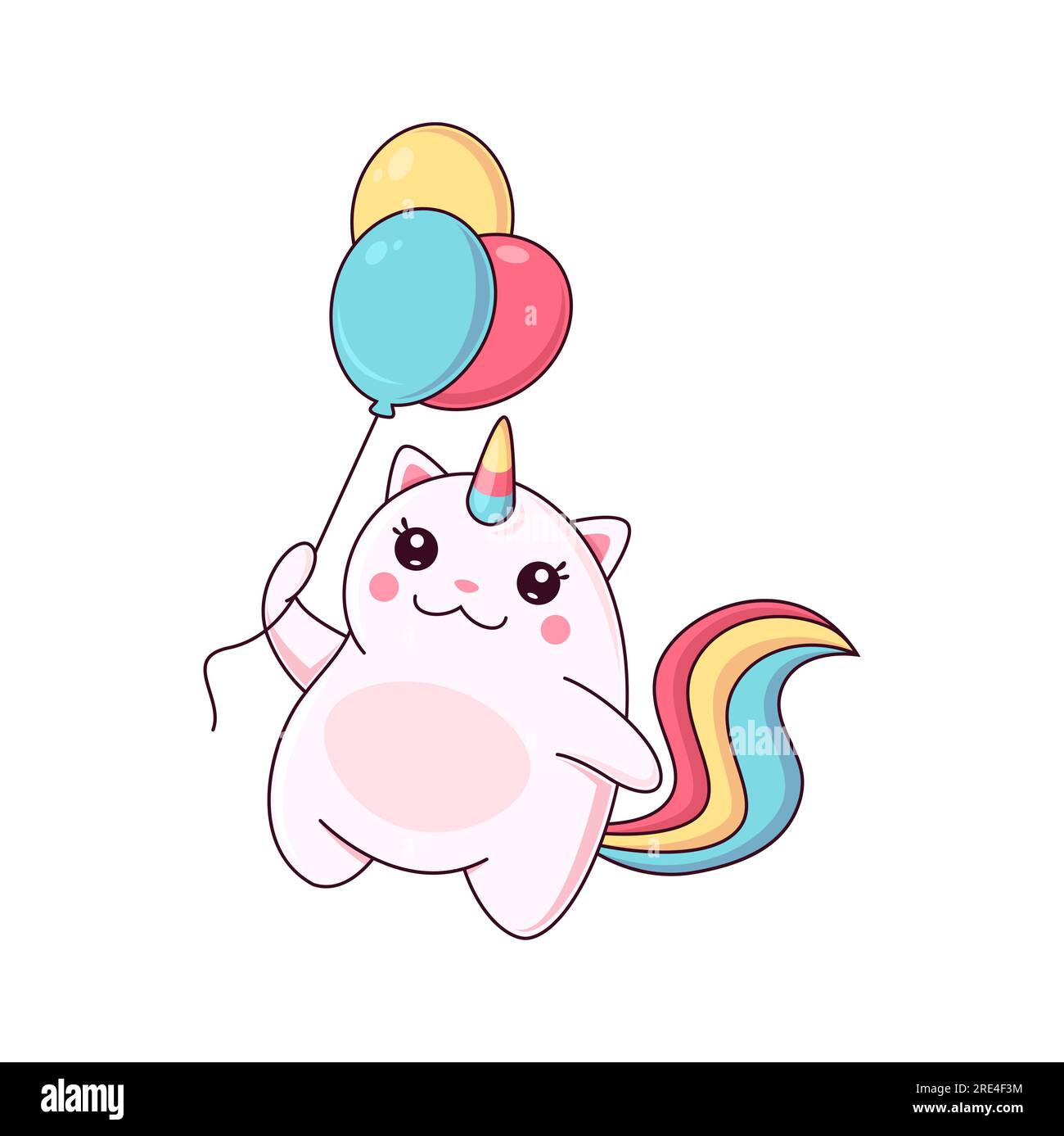 Kawaii cathorn de dessin animé avec bouquet de ballons colorés. Chat de ...