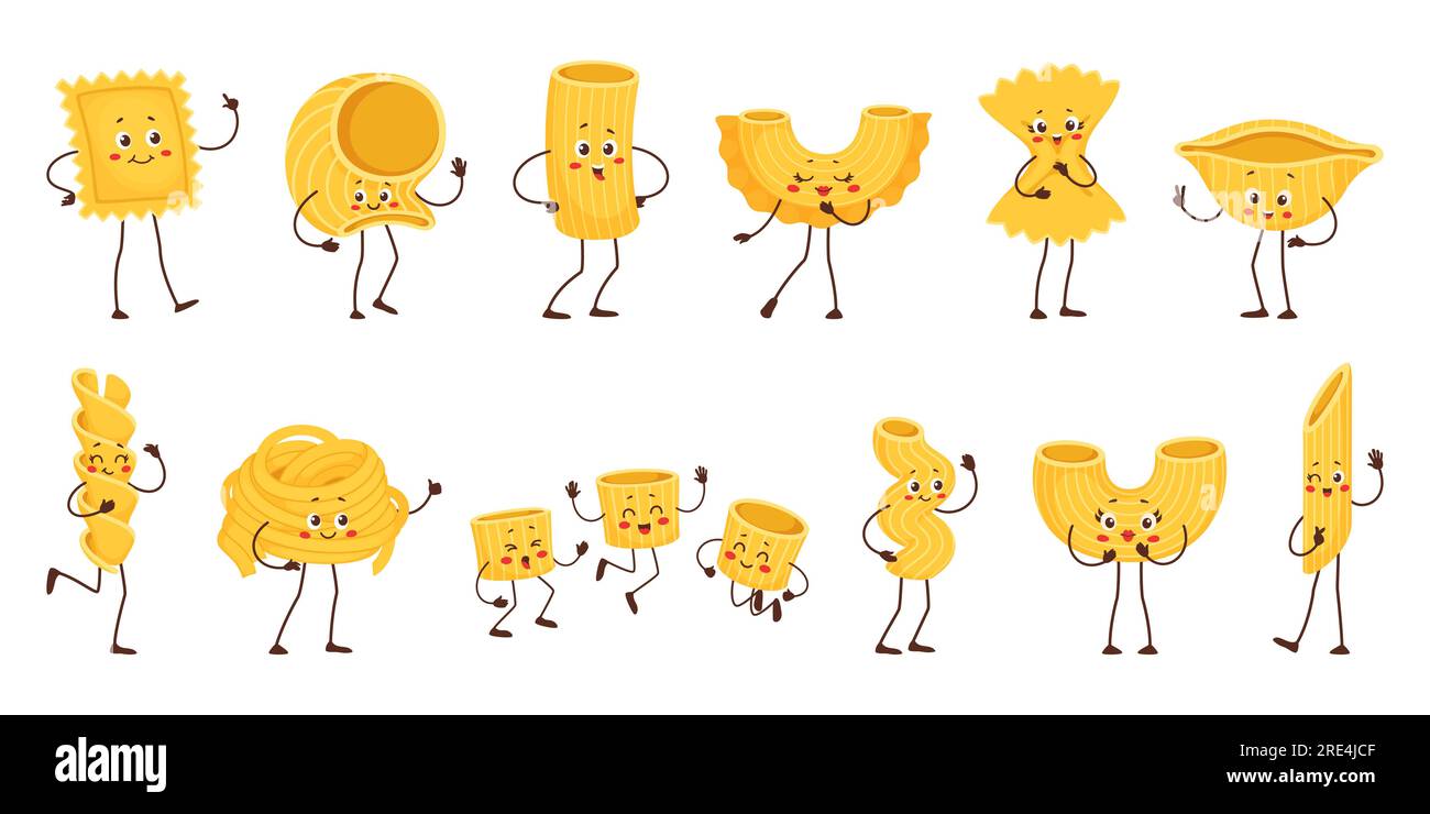 Personnages de pâtes de dessin animé, personnages heureux de vecteur de ...