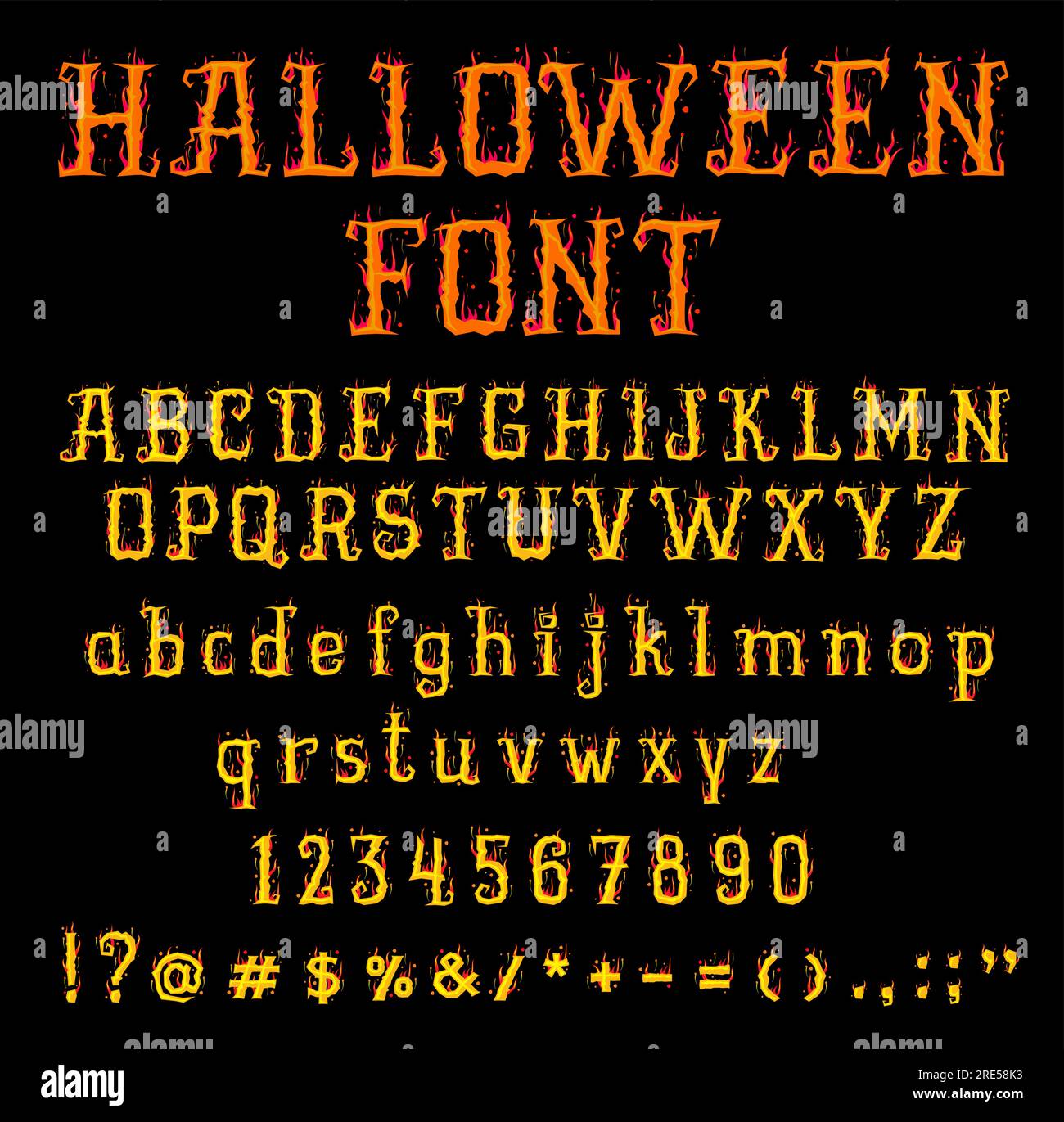 Police de feu Halloween. Lettres majuscules et minuscules gravées ...