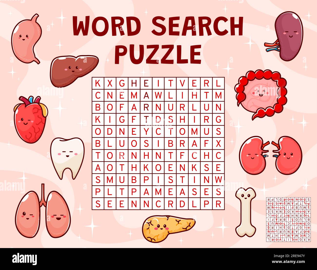 Jeu de puzzle de recherche de mots. Caractères des organes du corps ...