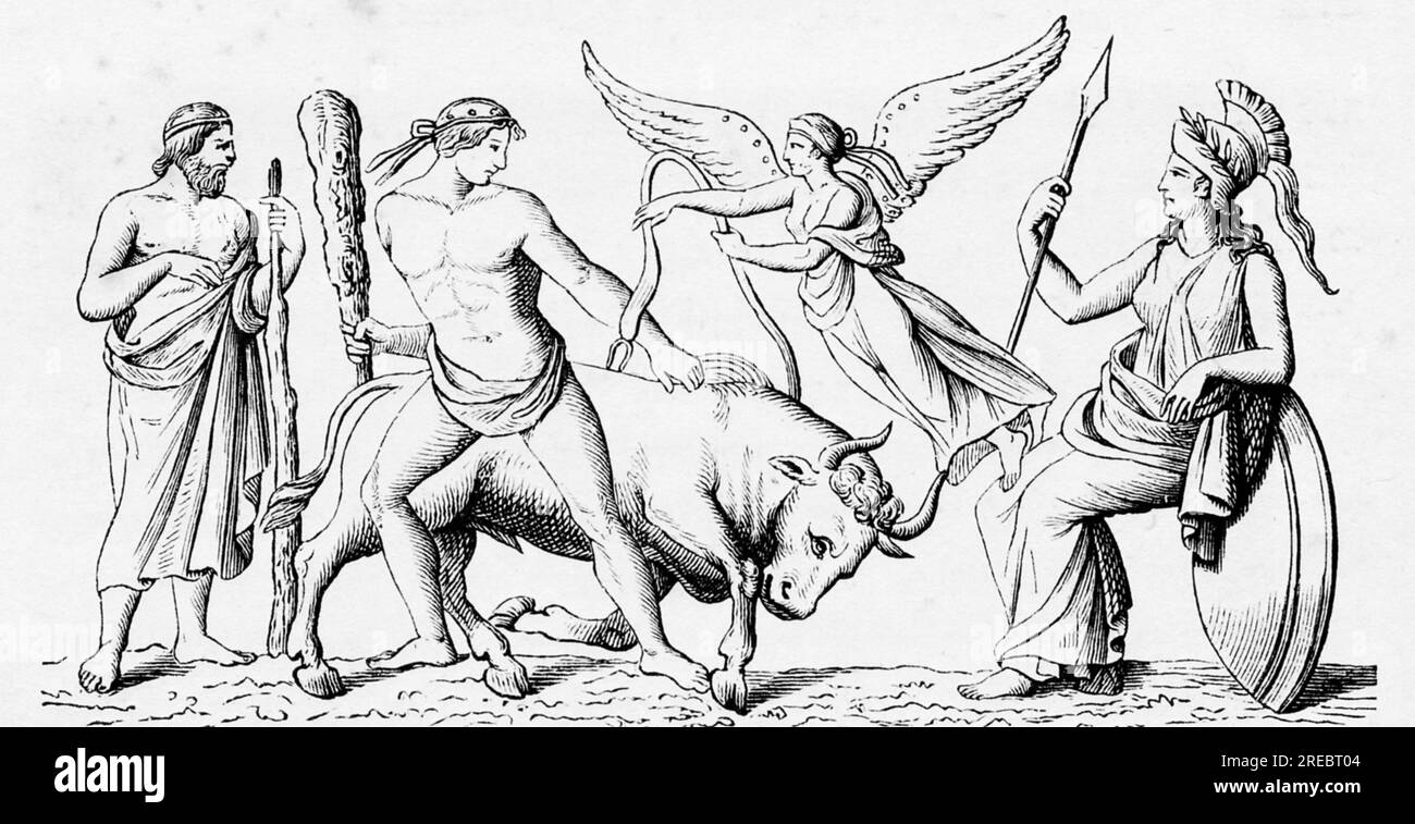 Thésée, héros mythologique grec, roi d'Athènes, piégeant le taureau ...