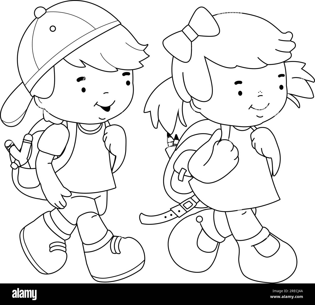Les enfants marchent jusqu'à l'école. Page de coloriage en noir et ...