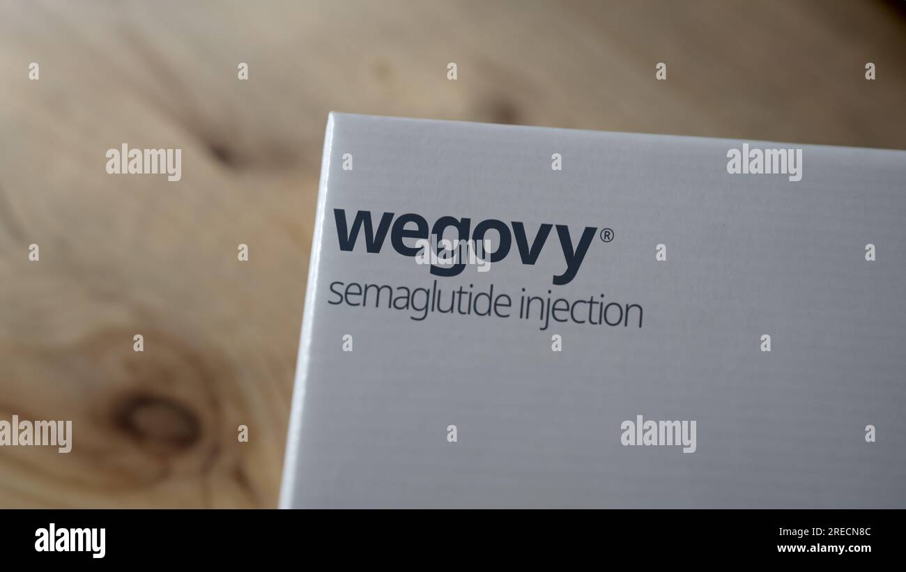 27 juillet 2023, le logo de Wegovy semaglutide injection sur une boîte ...