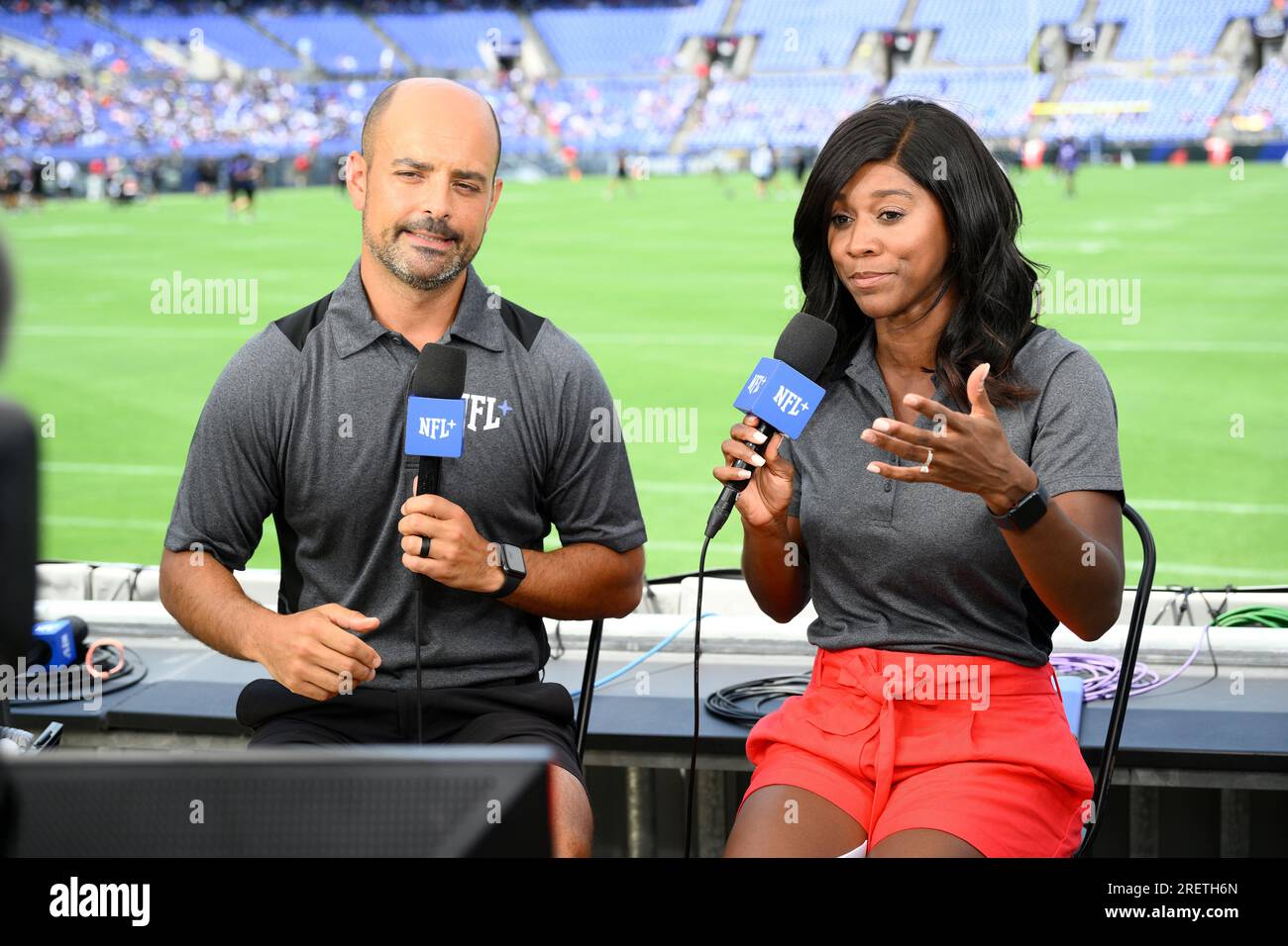 NFL Network reporters Mike Garafolo, left, and Sherree Burruss, right, report from Baltimore ...