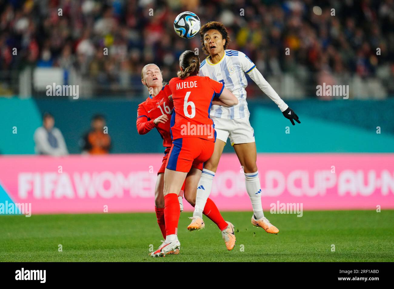 Philippines' Sarina Bolden, right, goes for a header with Norway's ...