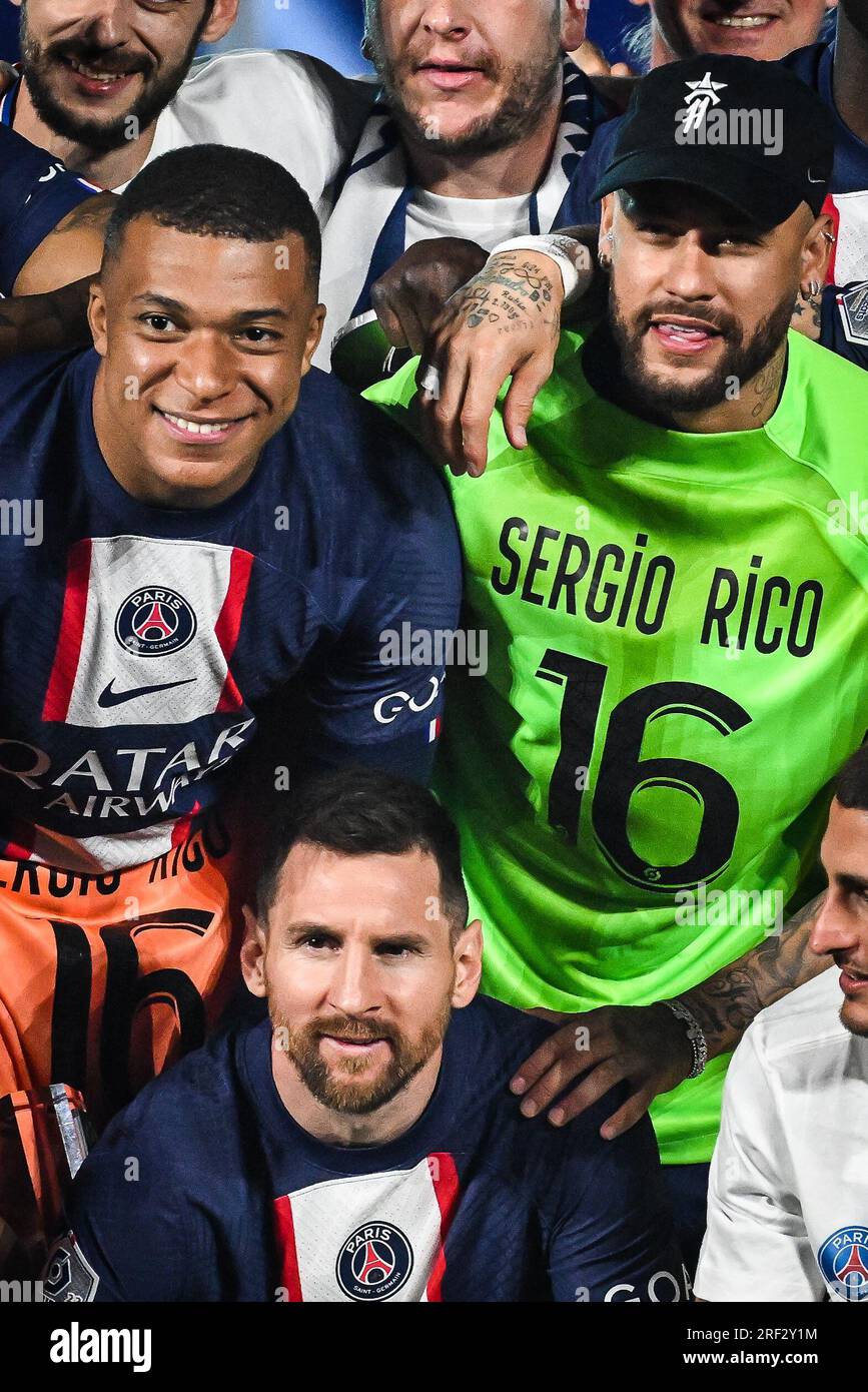 Kylian MBAPPE du PSG, NEYMAR JR du PSG et Lionel (Leo) MESSI du PSG lors du match de championnat ...