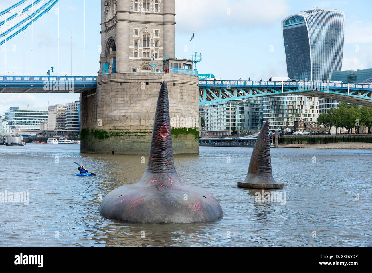 Londres, Royaume-Uni. 1 août 2023. Un kayakiste passe devant deux des ...