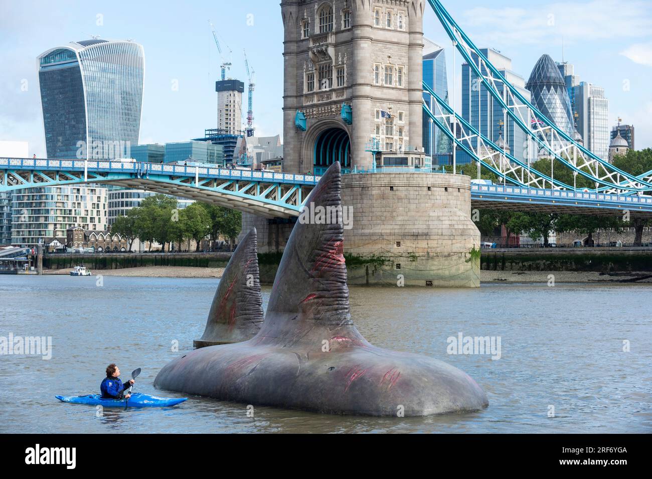 Londres, Royaume-Uni. 1 août 2023. Un kayakiste passe devant deux des ...