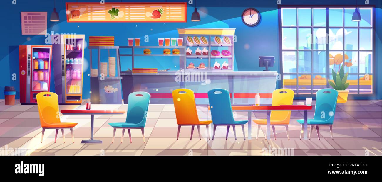 Intérieur de la cantine scolaire avec fond de dessin animé vecteur ...