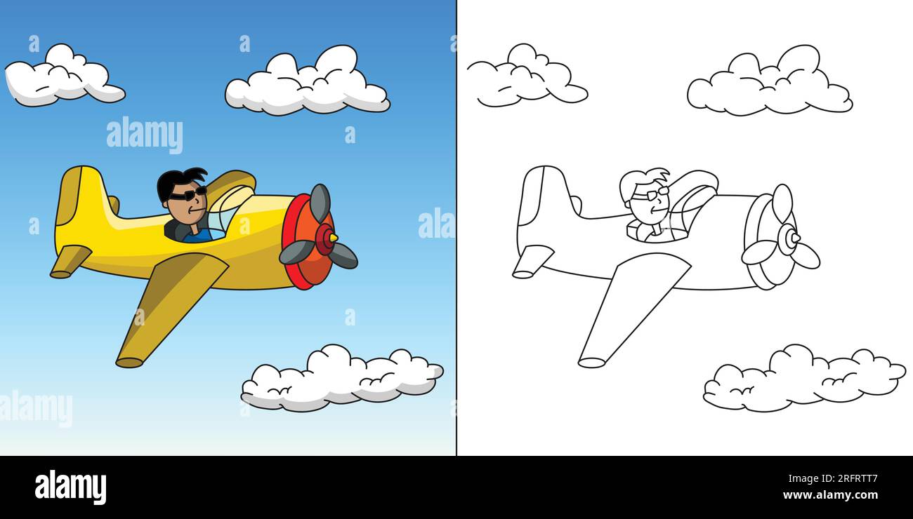 Page de coloriage mignon et drôle d'un avion volant à travers le ciel ...
