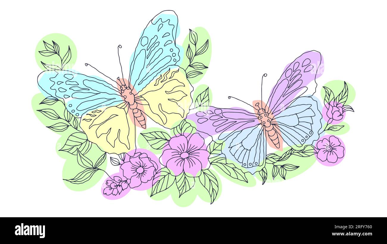 Deux papillons volant en fleurs dessin au trait simple. Illustration ...