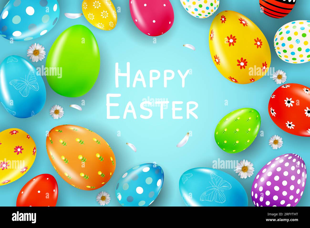 Modèle d'affiche de Pâques avec des oeufs réalistes 3d, fond bleu ...