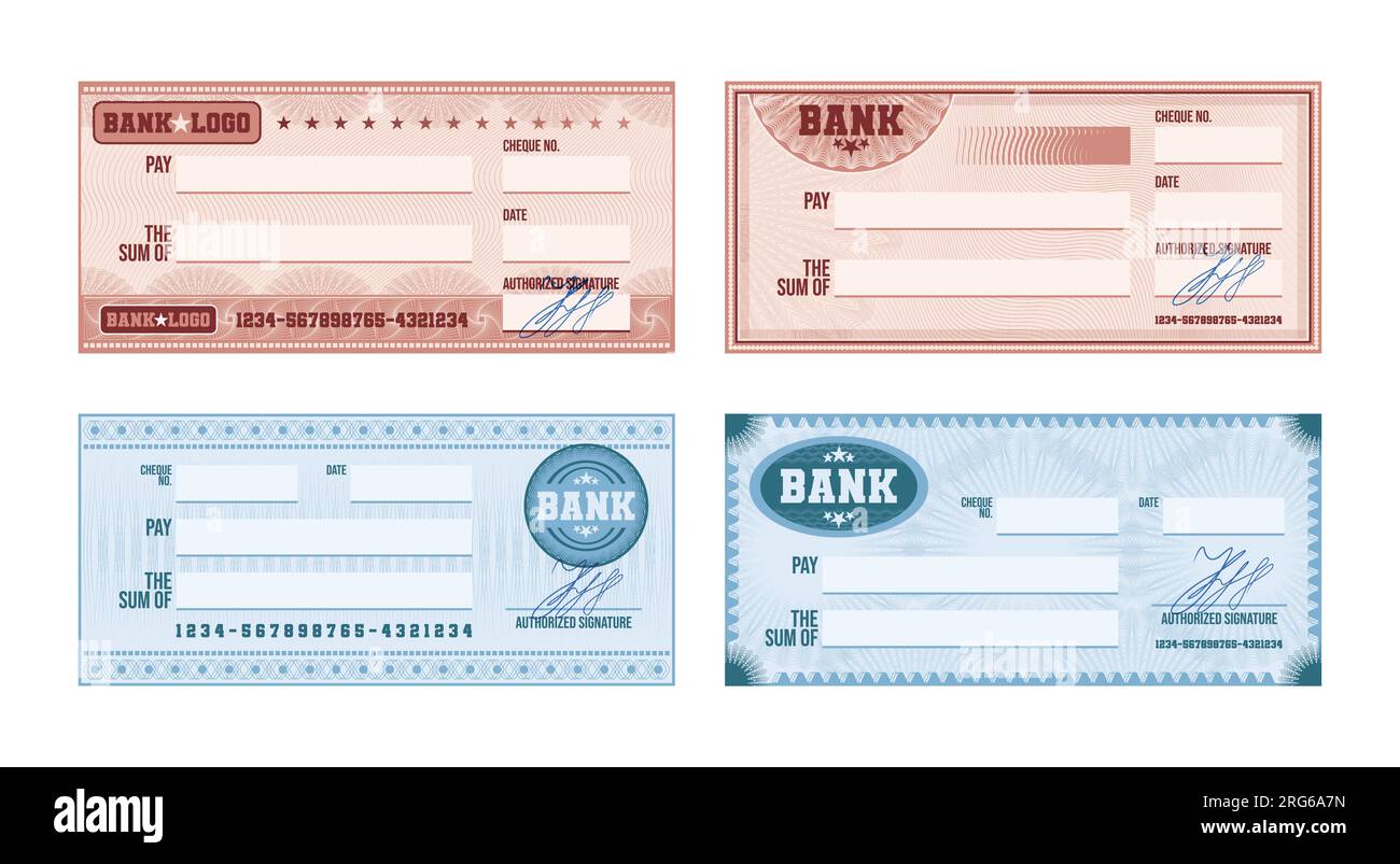 Modèle de chèque de banque vierge avec motif guilloché bleu et rose et ...