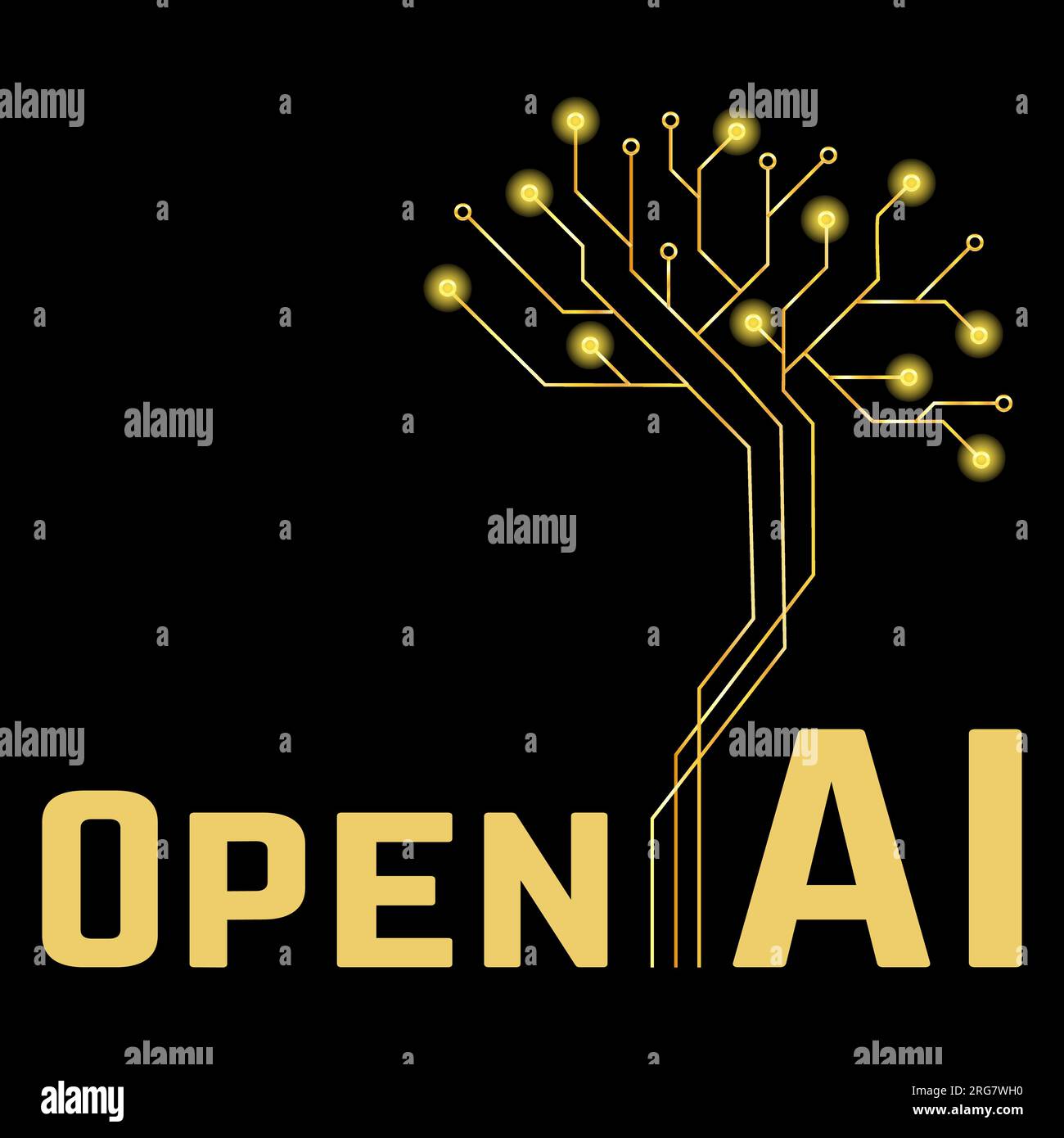 Société OpenAI avec cerveau à partir de PCB, intelligence artificielle, isolé sur fond noir ...